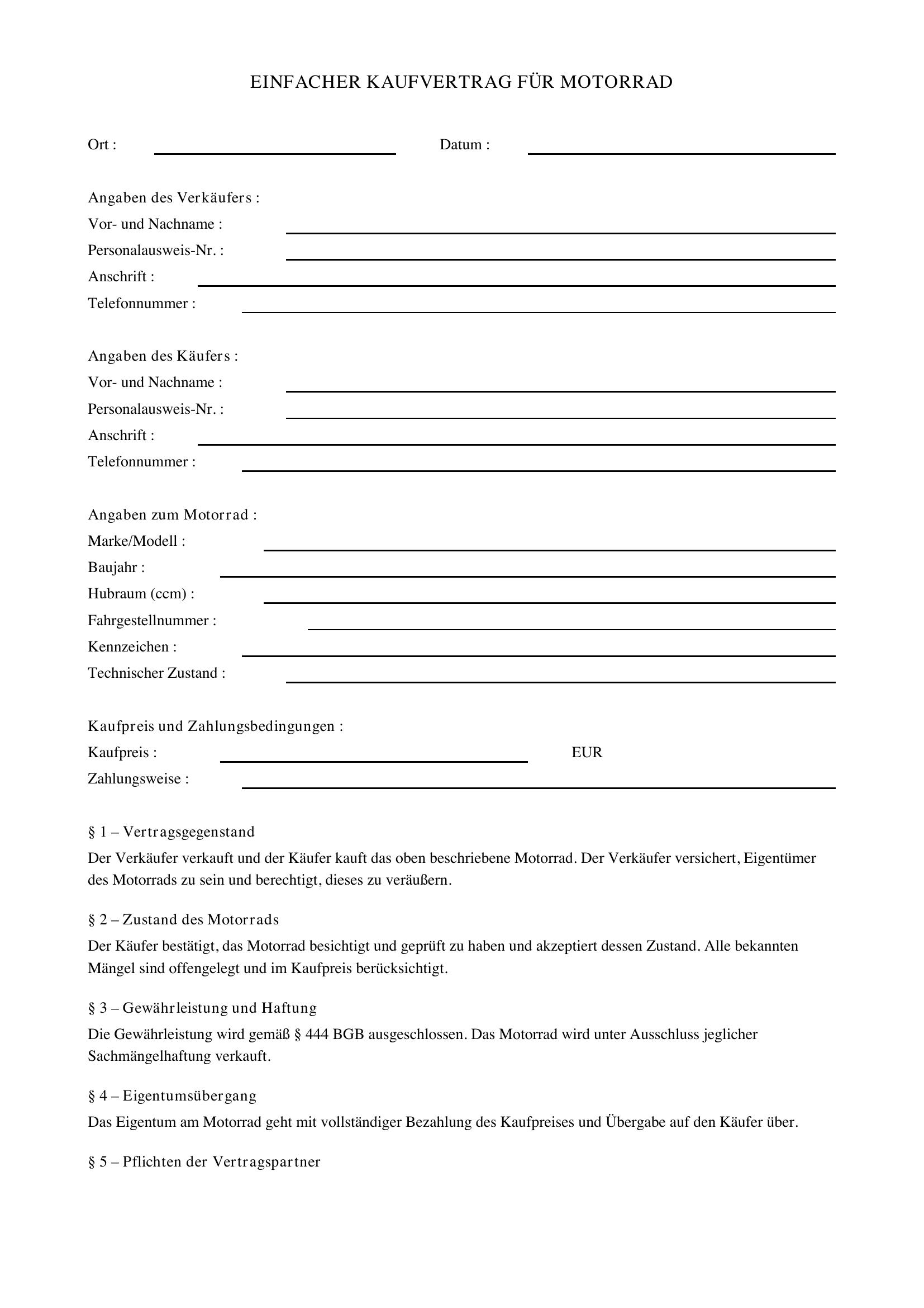 Einfacher Kaufvertrag Motorrad
