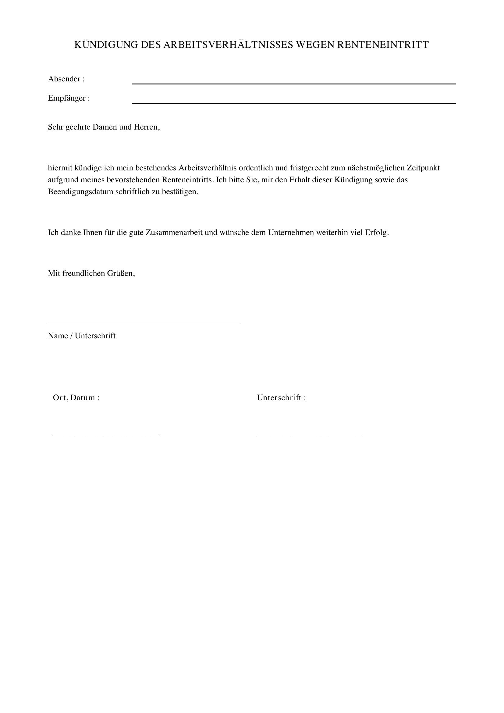 Kündigungsschreiben Vorlage Wegen Renteneintritt