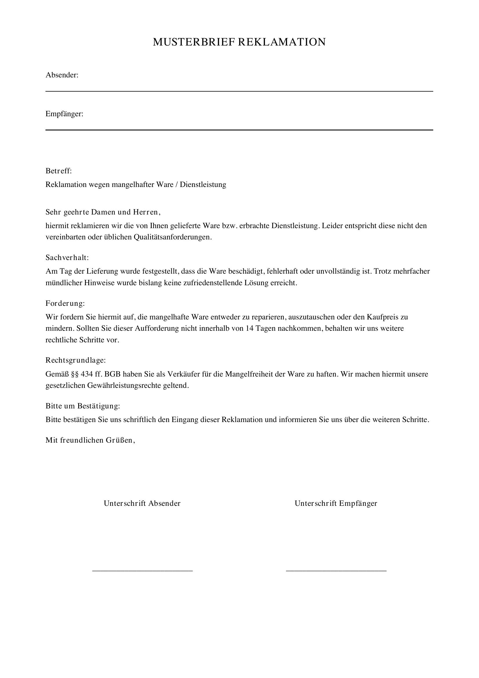 Reklamation Musterbrief