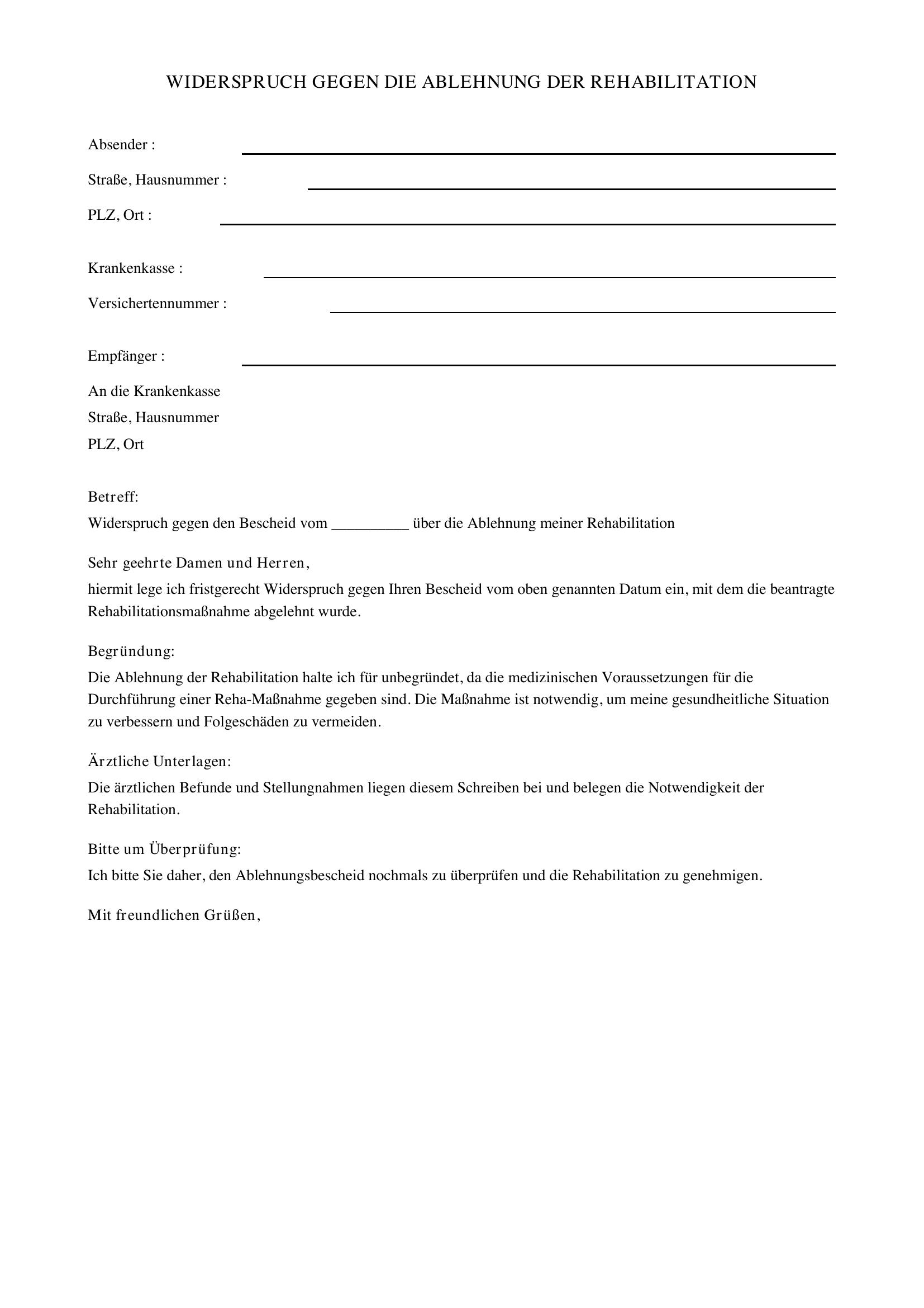 Widerspruch Reha-Ablehnung Musterbrief
